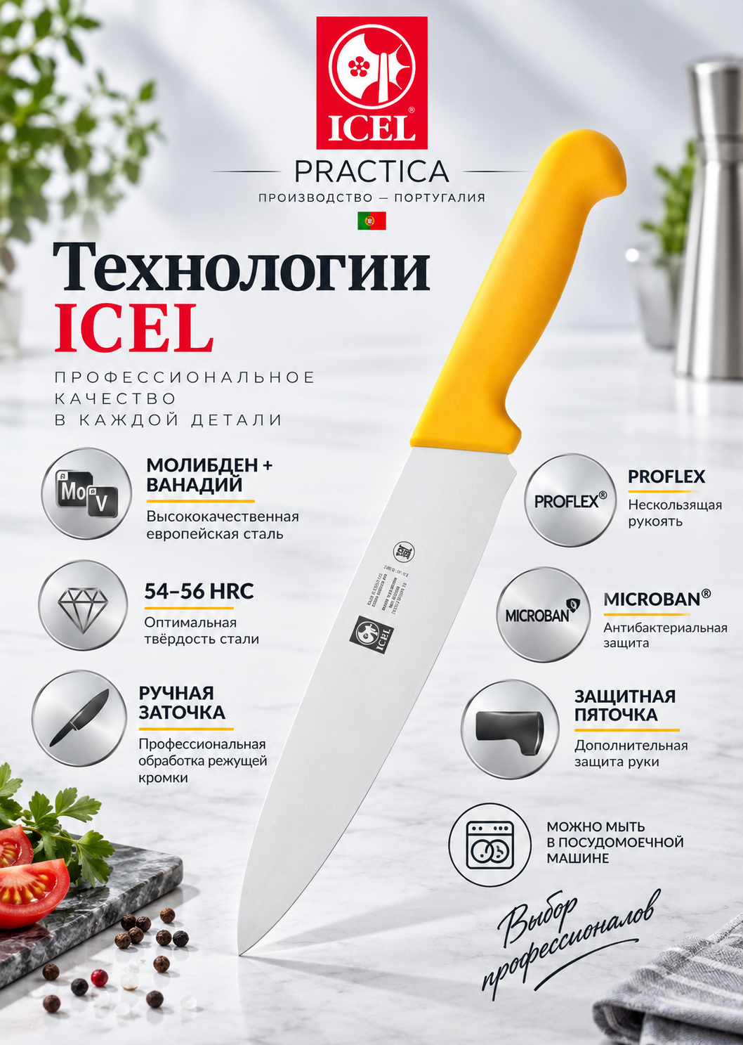 Нож поварской 200/340 мм. Шеф желтый, ICEL Practica, нержавеющая сталь