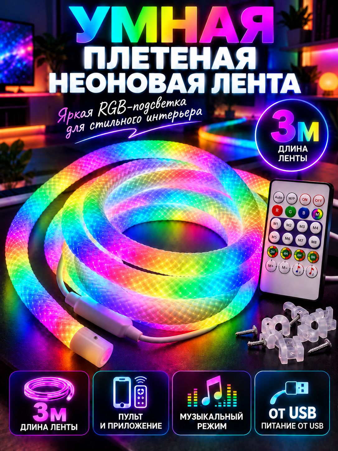 Умная плетеная неоновая лента RGB 5V 3м с пультом и управлением через Bluetooth / Smart лента для дома, для декора, супергибкая