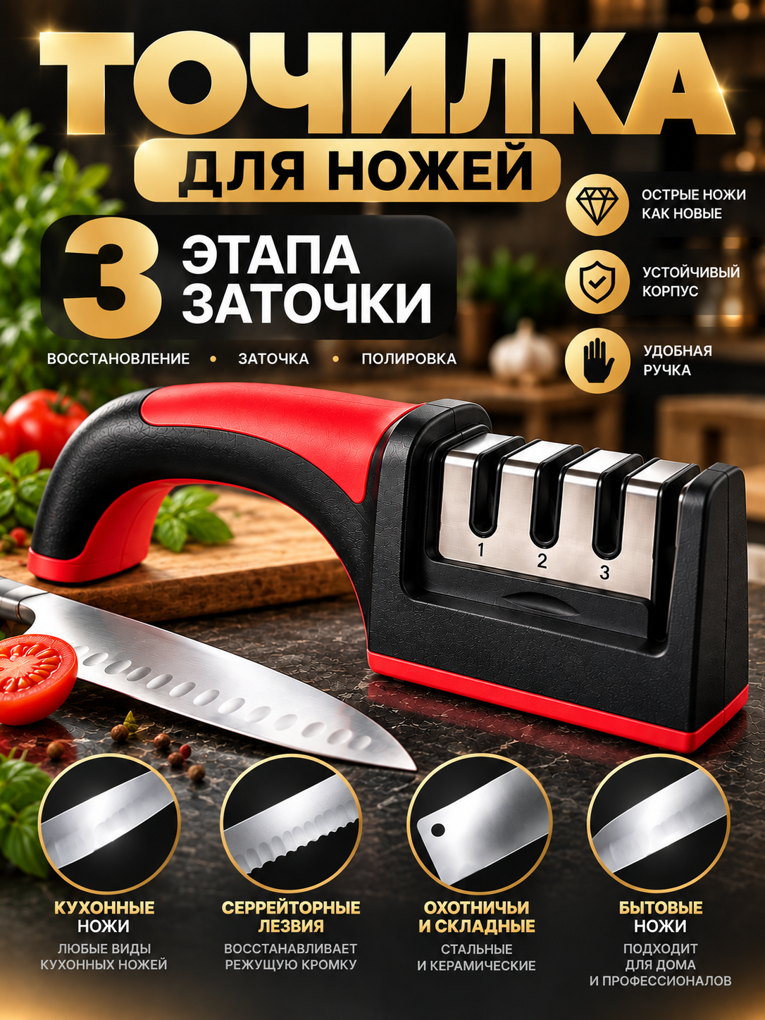 Точилка для ножей и ножниц, 3 этапа заточки, устойчивый корпус с ручкой