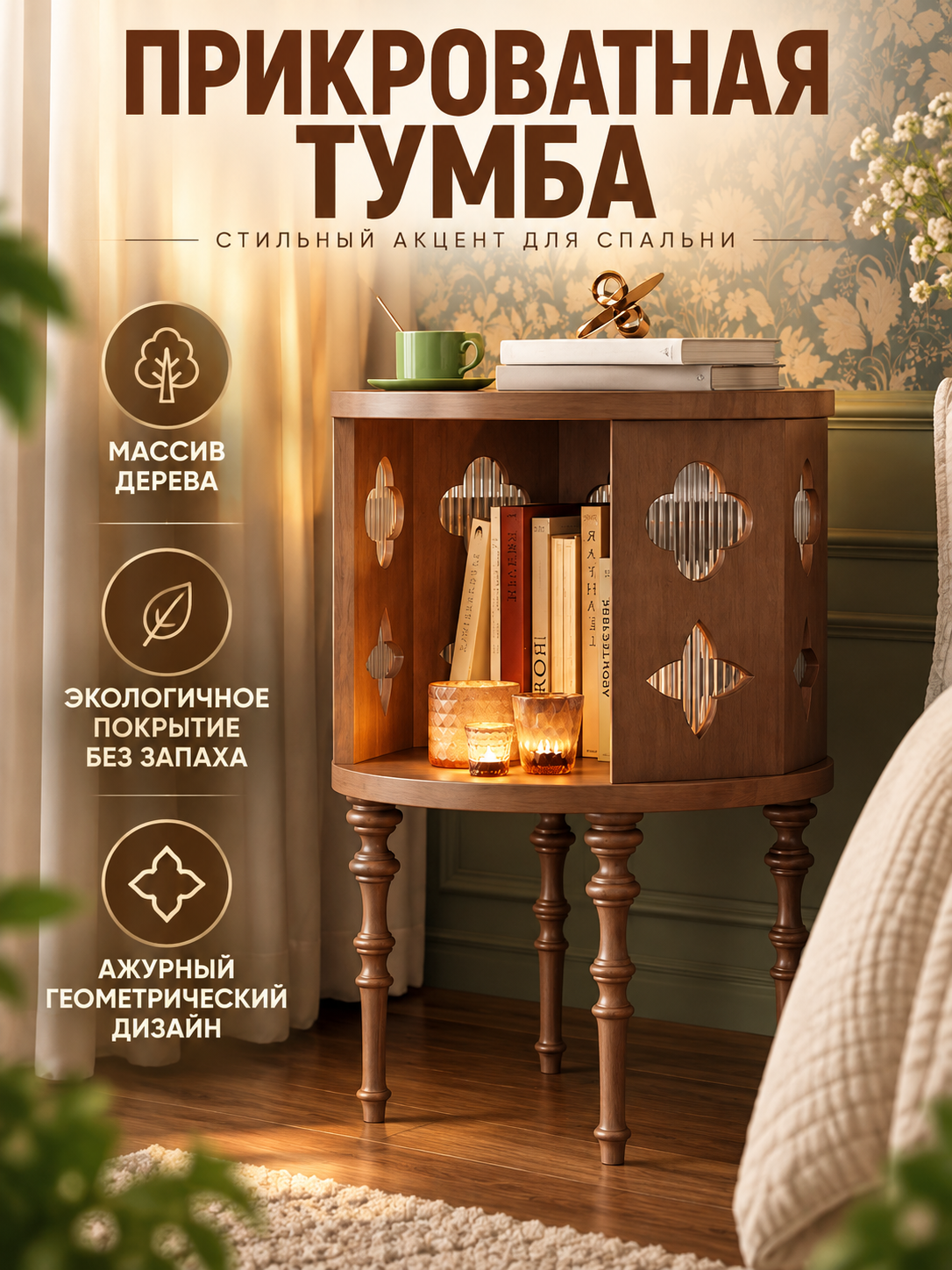 Прикроватная тумба на точёных ножках, массив дерева, ажурный дизайн, для хранения книг и мелочей у кровати