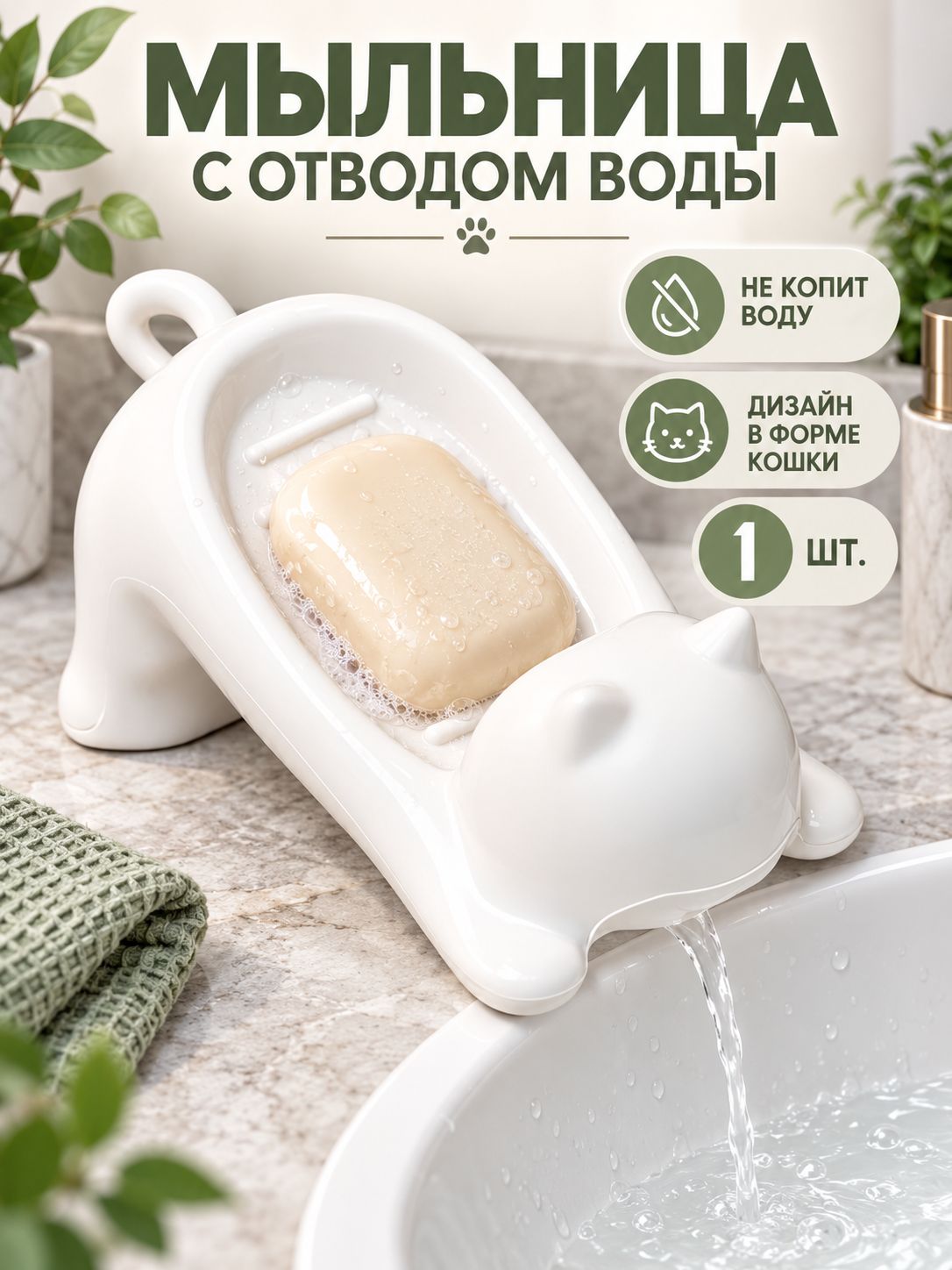 Мыльница с отводом воды в форме кошки для ванной и кухни, пластиковая, белая, 1 шт.