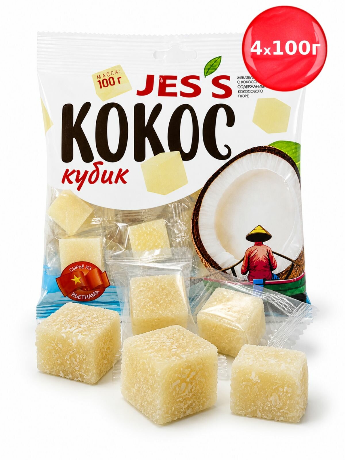 Жевательная конфета Jess со вкусом кокоса (кубики), 100 г х 4 шт