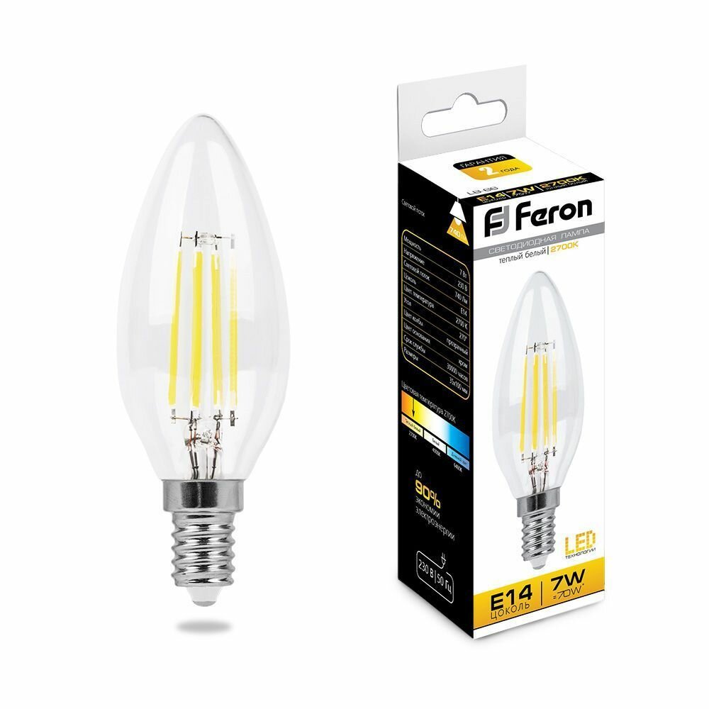 Лампа светодиодная Feron LB-66 Свеча E14 7W 230V 2700K, комплект 10 штук FERON 25726