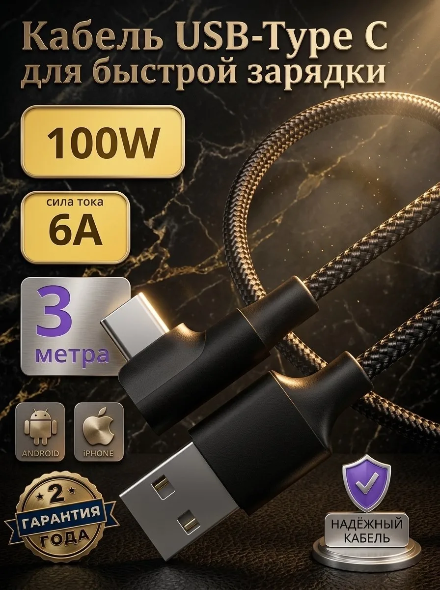 Кабель RUKYBIK, угловой, Type-C USB, экранированный, длина 3м, чёрный