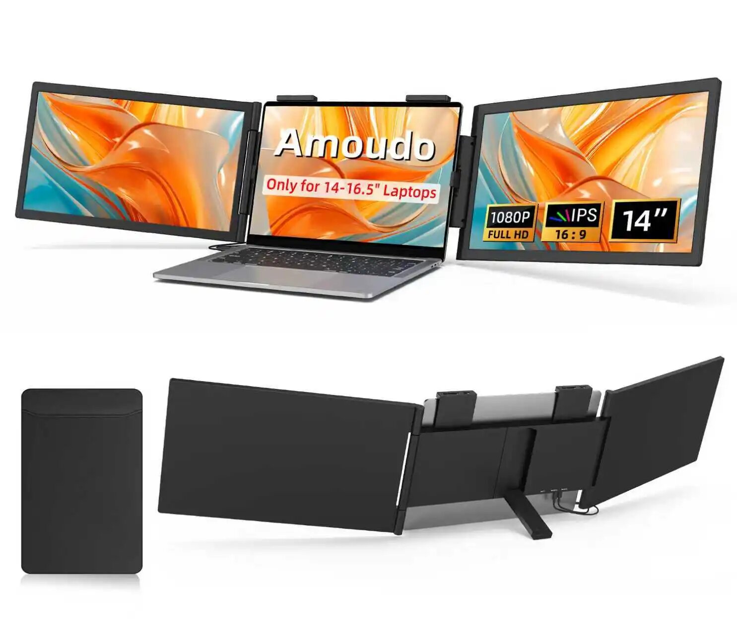 Портативный монитор Amoudo 14 дюймов Dual 1920*1080P IPS Портативный тройной монитор с портом USB-C для ноутбуков 14-16.5" Windows/Mac Xbox