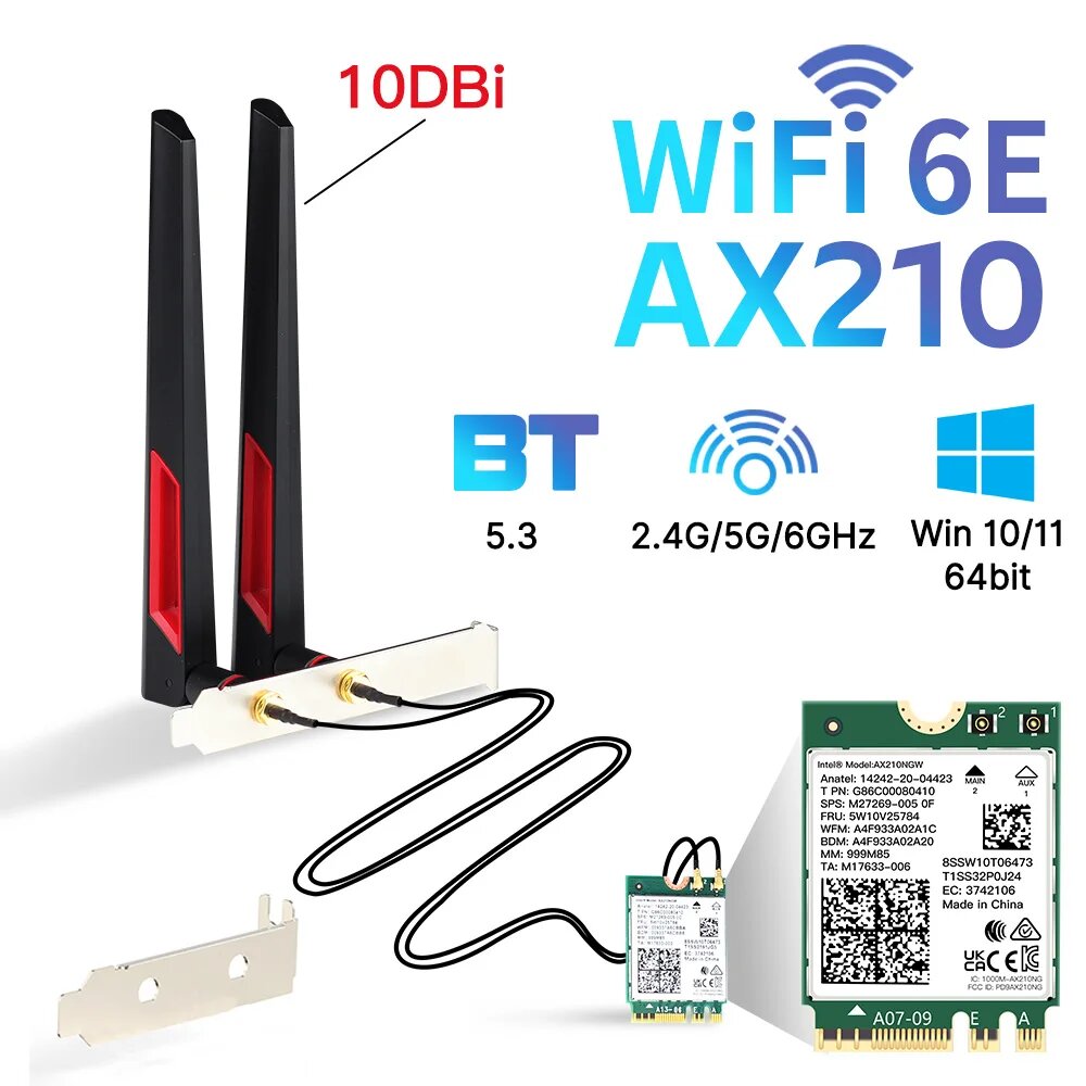 Беспроводная сетевая карта DERAPID AX210NGW Wi-Fi 6E Bluetooth 5.3 AX210 10DBI