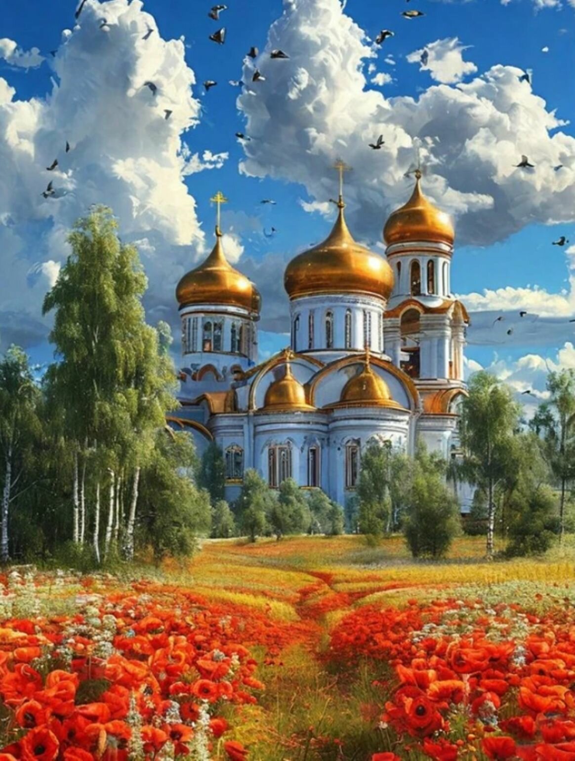 Картина по номерам на подрамнике 40*50 см "Маки и церковь"