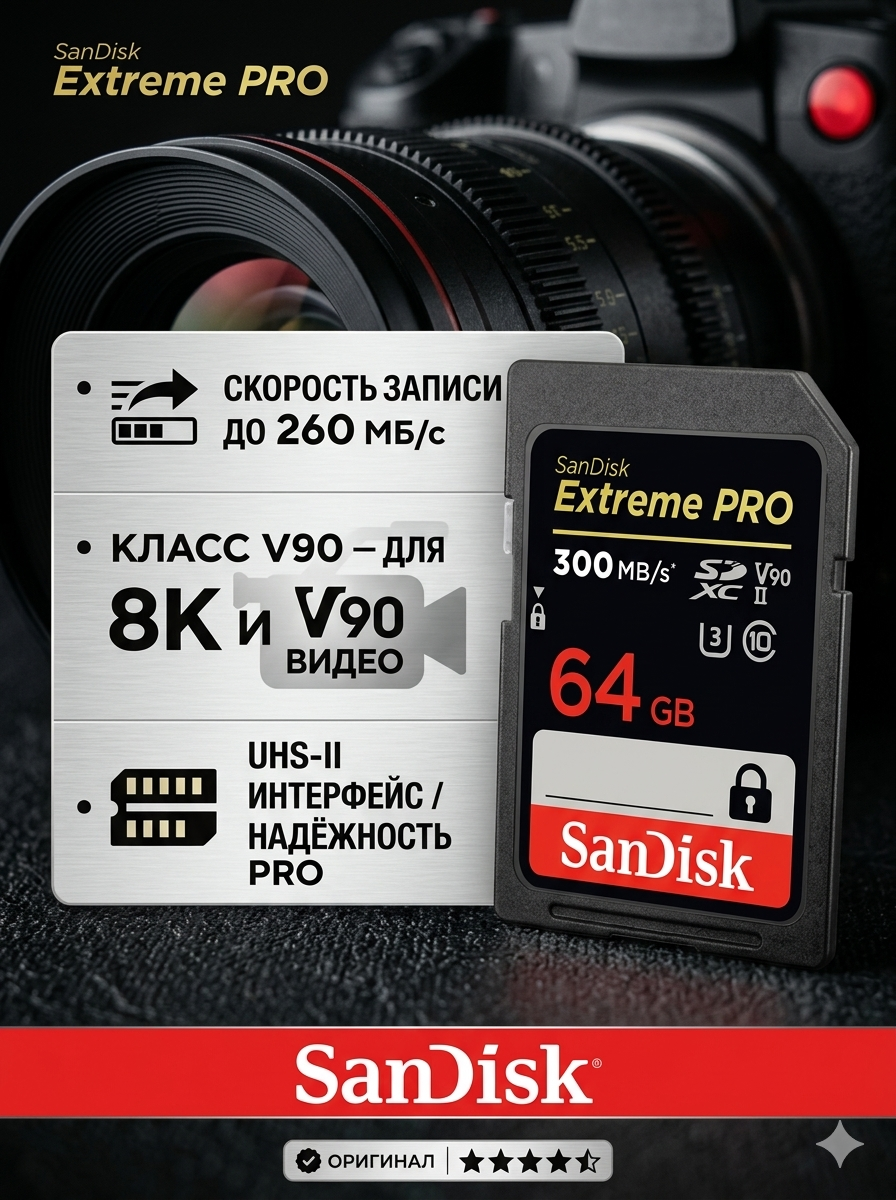 Карта памяти для фотоаппарата SanDisk Extreme PRO V90 SDXC UHS-II 64 GB (SDSDXDK-064G-GN4IN)