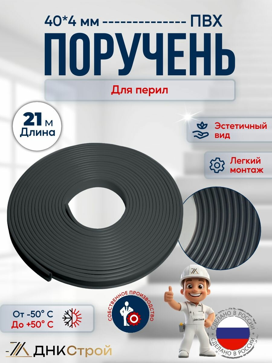 Поручень ПВХ для перил, ленточный поручень ПВХ 40х4мм, темно-серый, длина 21м.
