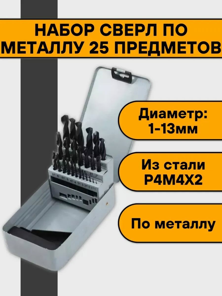 Набор сверл по металлу 25 предметов (1-13мм, с шагом 0,5мм)