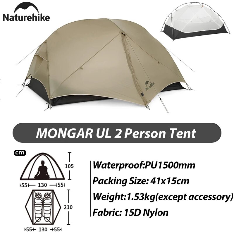 Naturehike Mongar Pro 123 Ультralегкий трехсезонный водонепроницаемый походный палатка из 20D нейлона для 2 человек для рюкзака, кемпинга и езды на автомобиле