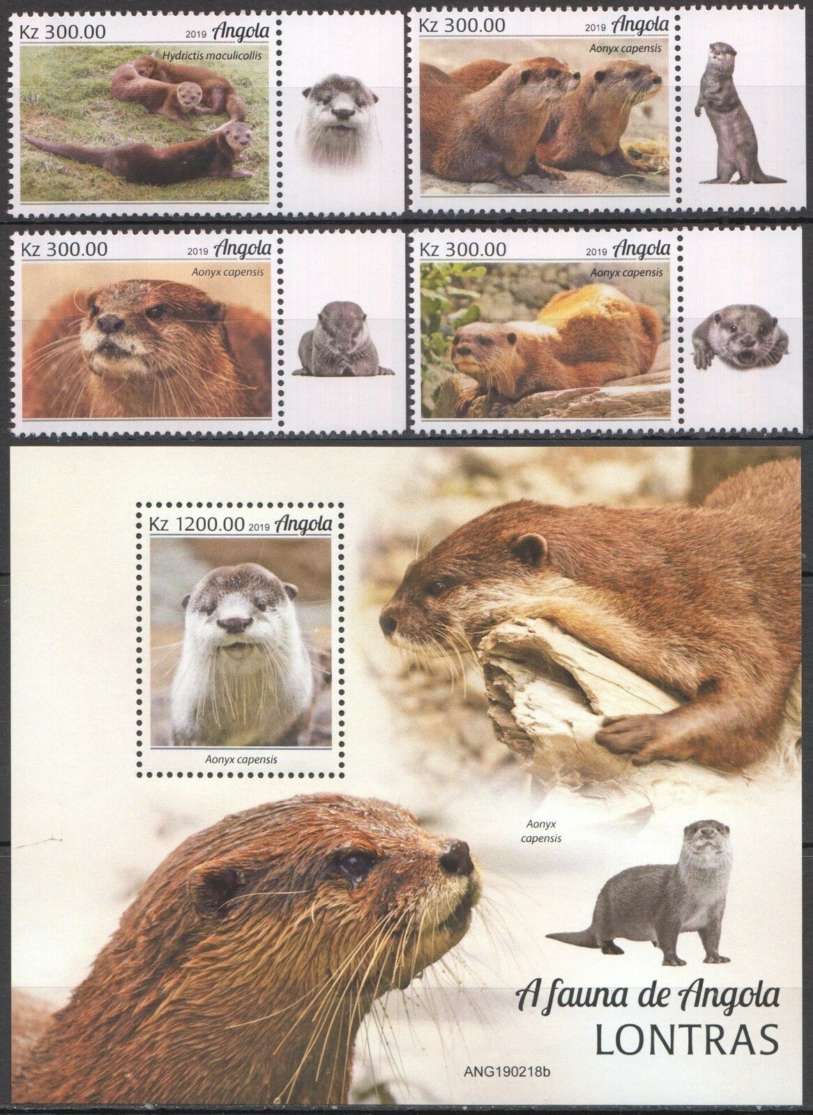Марки 2019 год Ангола Выдры Дикие животные Фауна #2265-2268+Bl218 Mnh