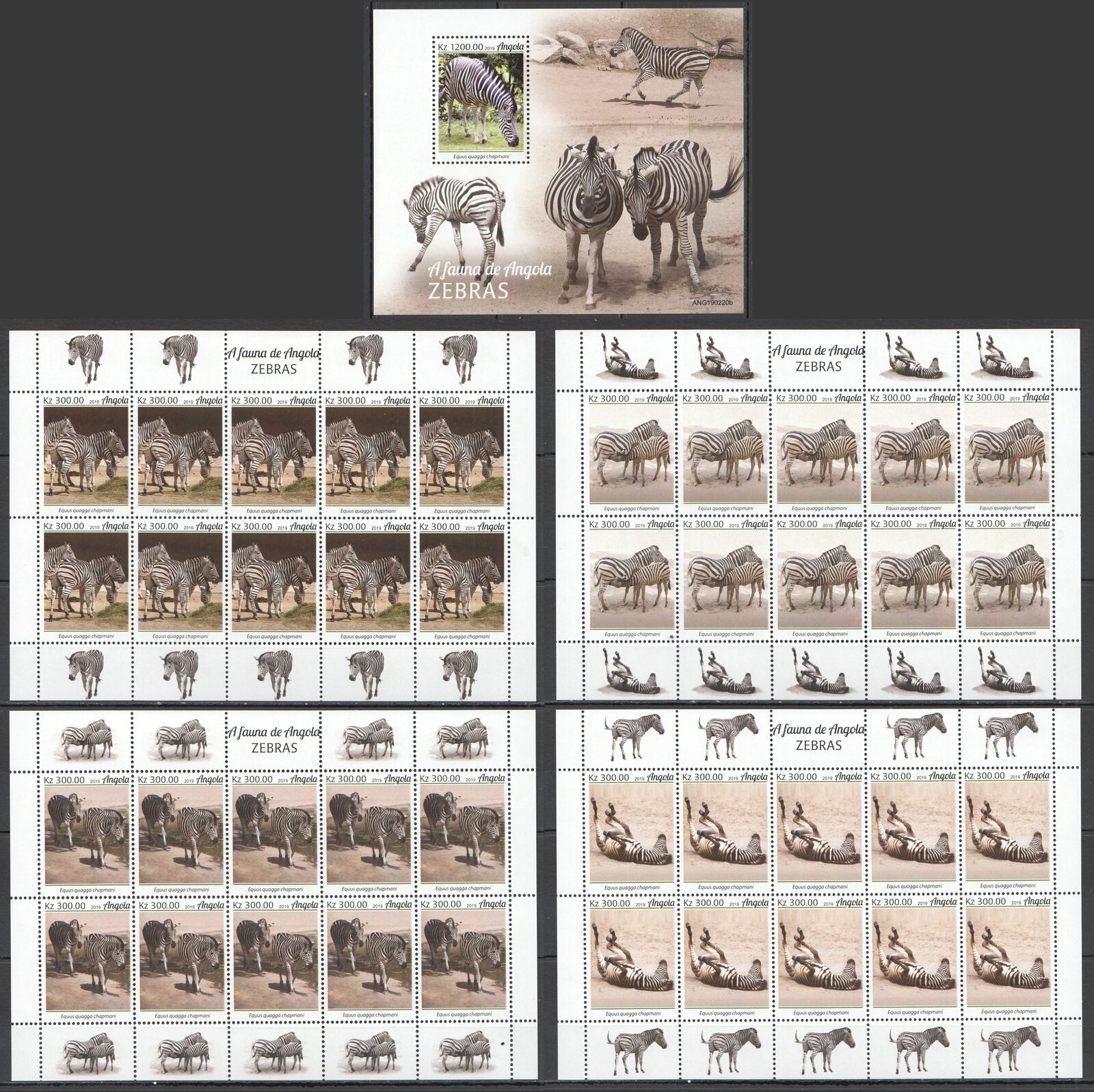 Марки 2019 год Ангола Зебры Дикие животные Фауна #2280-2283 ! 4 Листа+Bl221 Mnh