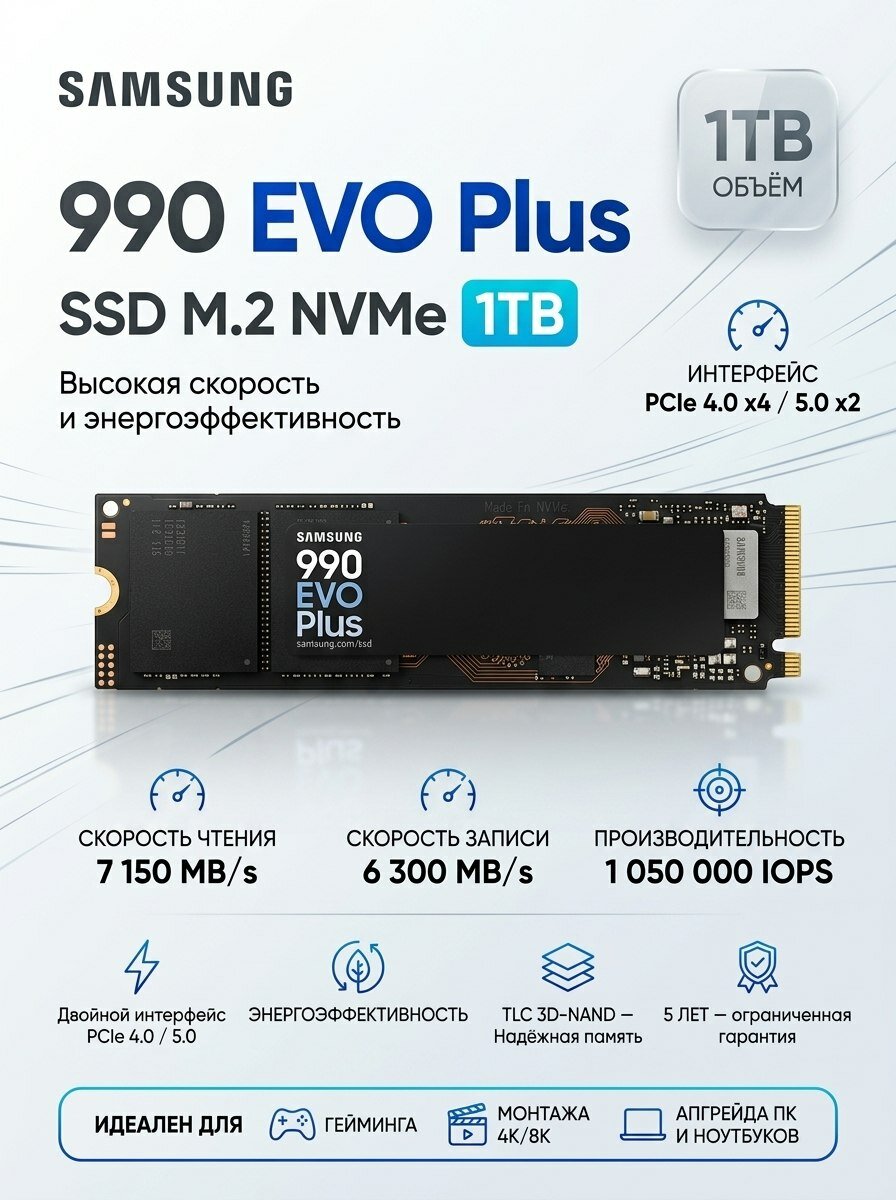Внутренний SSD Samsung 990 EVO Plus 1 TB, PCIe 4.0x4/5.0x2 NVMe M.2, 7150 MB/s, 6900 MB/s (MZ-V9S1T0BW)