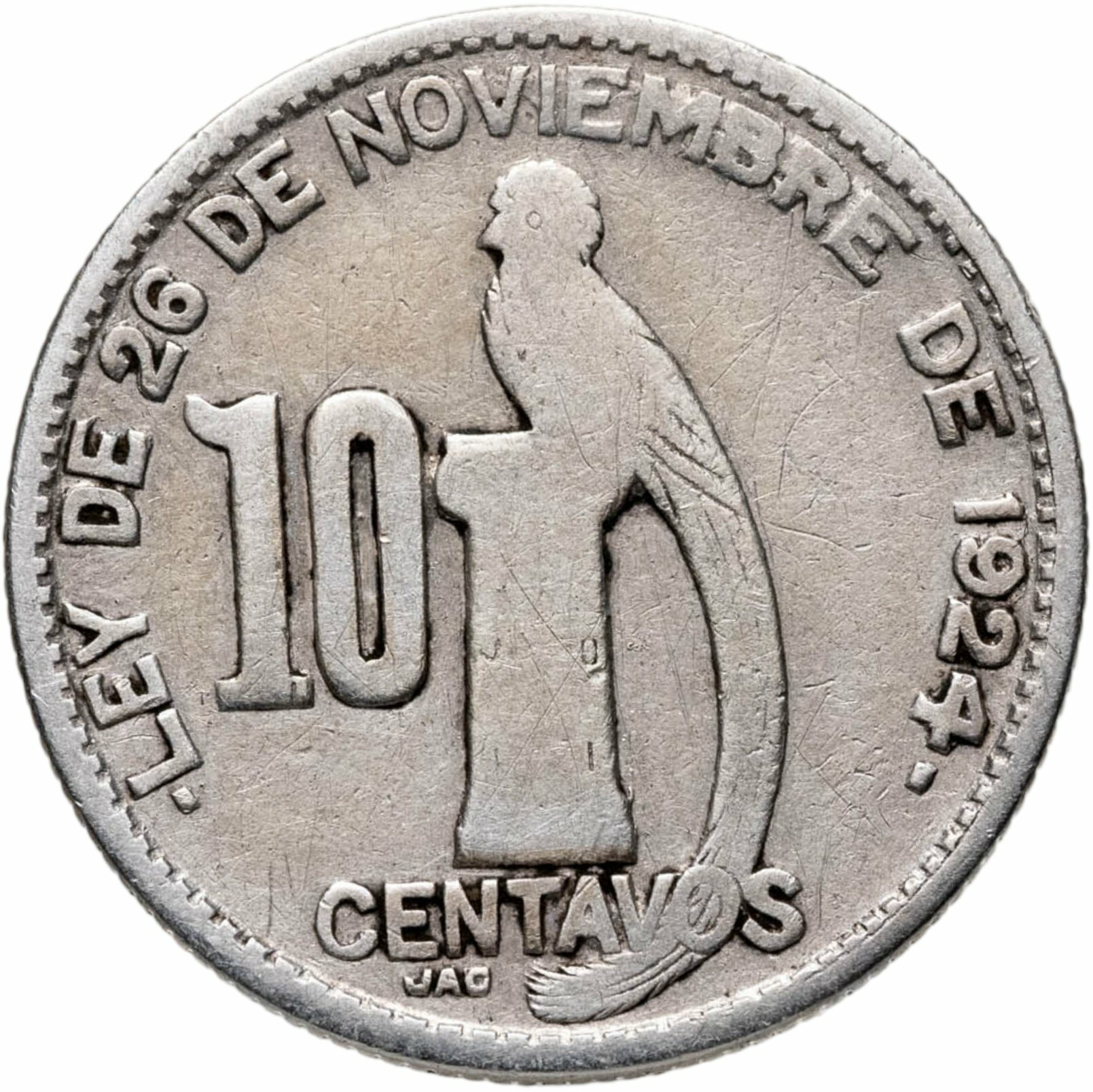 Гватемала 10 сентаво centavos 1945, Серебро 720, в сохранности VF