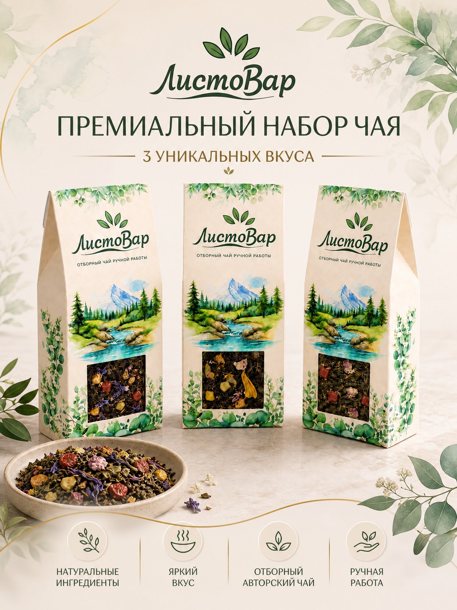 Чай чёрный, зеленый листовой Набор из 3-х вкусов: «Таежный дар», «Пряный апельсин» и «Лесная клубника».