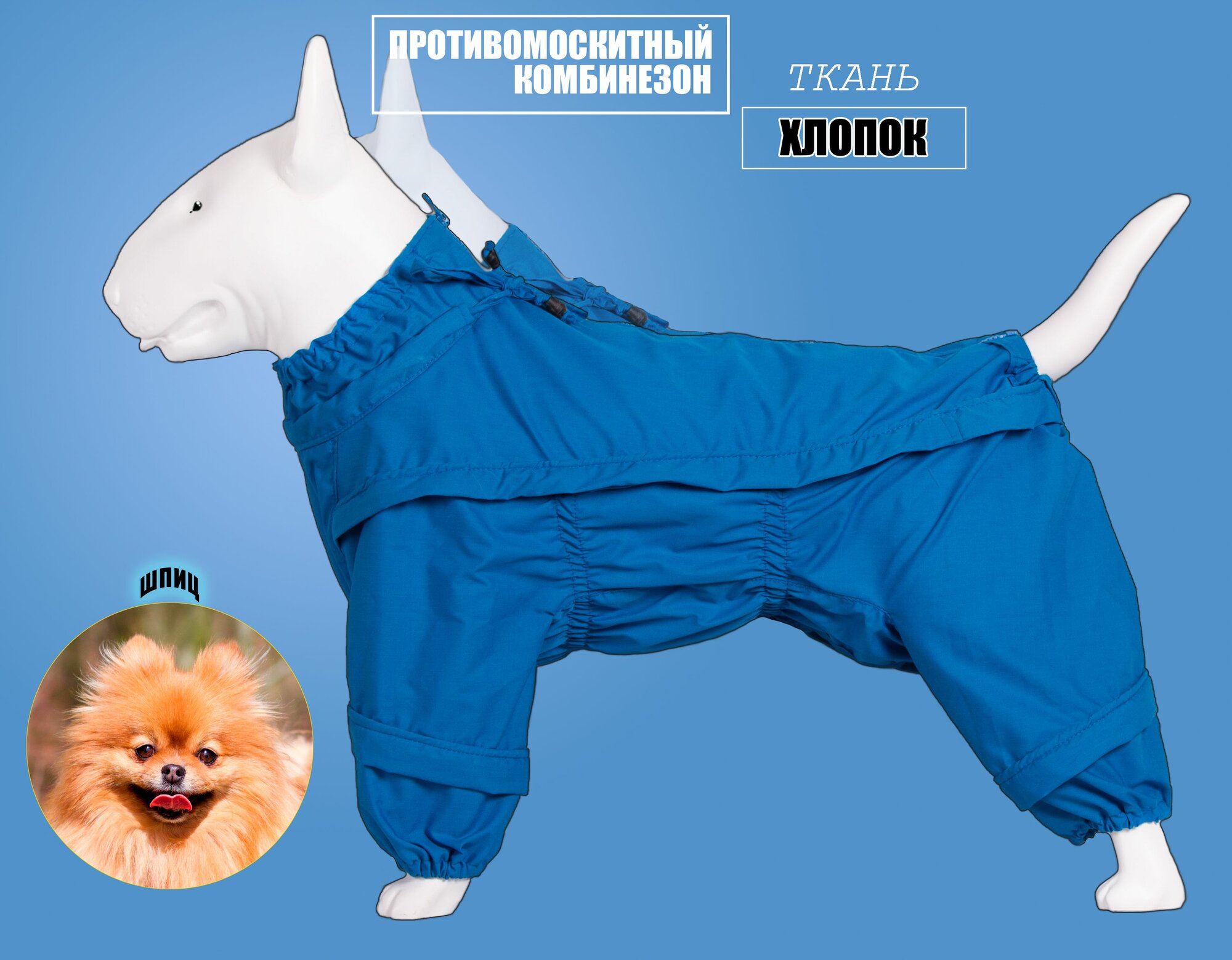 Комбинезон от клещей для померанского шпица суки, цвет голубой
