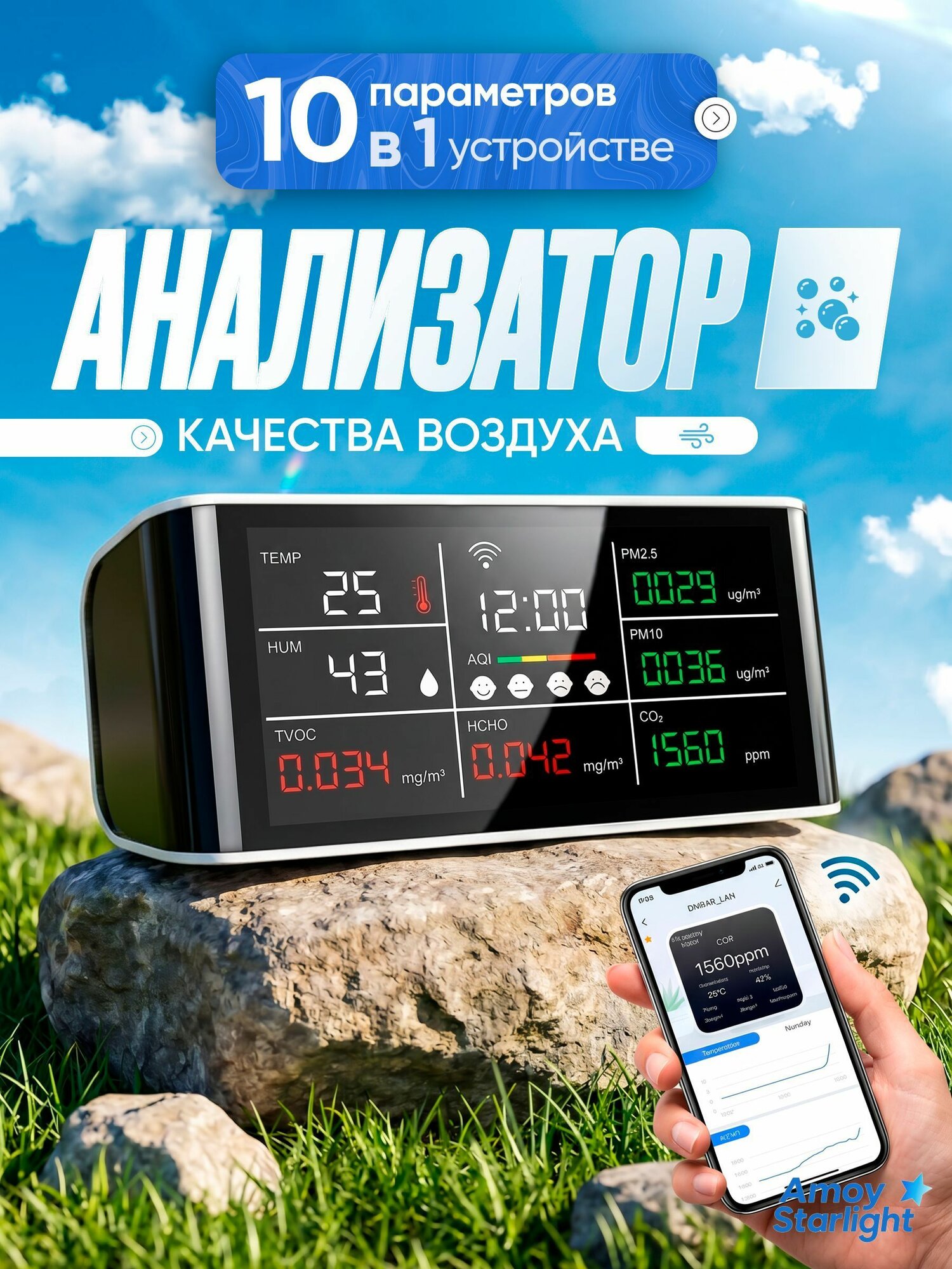 Детектор углекислого 10в1, датчик качества воздуха с точными датчиками CO2, HCHO, TVOC, влажности и температуры