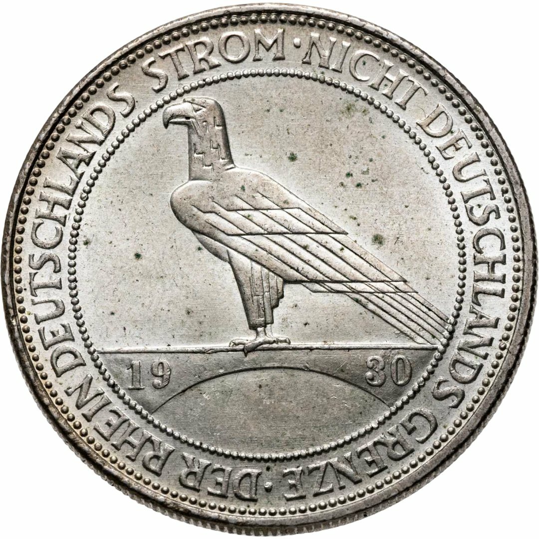 Германия 5 рейхсмарок reichsmark 1930 "Освобождение Рейнской области Рейнланда", знак монетного двора "D" — Мюнхен, Серебро 500, в сохранности AU-UNC