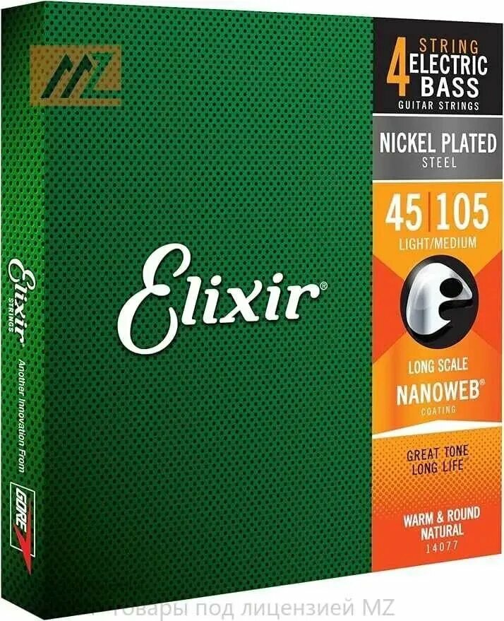 Elixir 14077 4-струнные струны для электрической бас-гитары (.045-.105) никелированная сталь с покрытием NANOWEB, длинная мензура, легкие/средние аксессуары для гитары