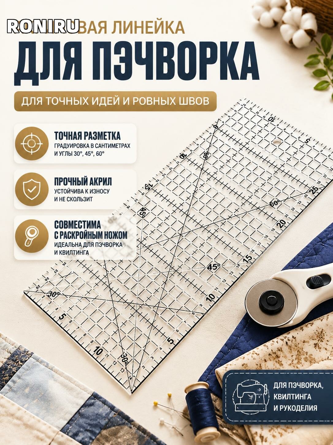 Акриловая линейка для пэчворка — для измерения и рисования припуска на шов, подходит для кругового ножа — устойчива