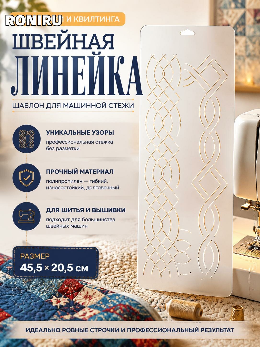 Швейная линейка для стежки и квилтинга — шаблон для машин 45 5X20 5 Cm, полипропилен, пэчворк, для шитья и вышивки
