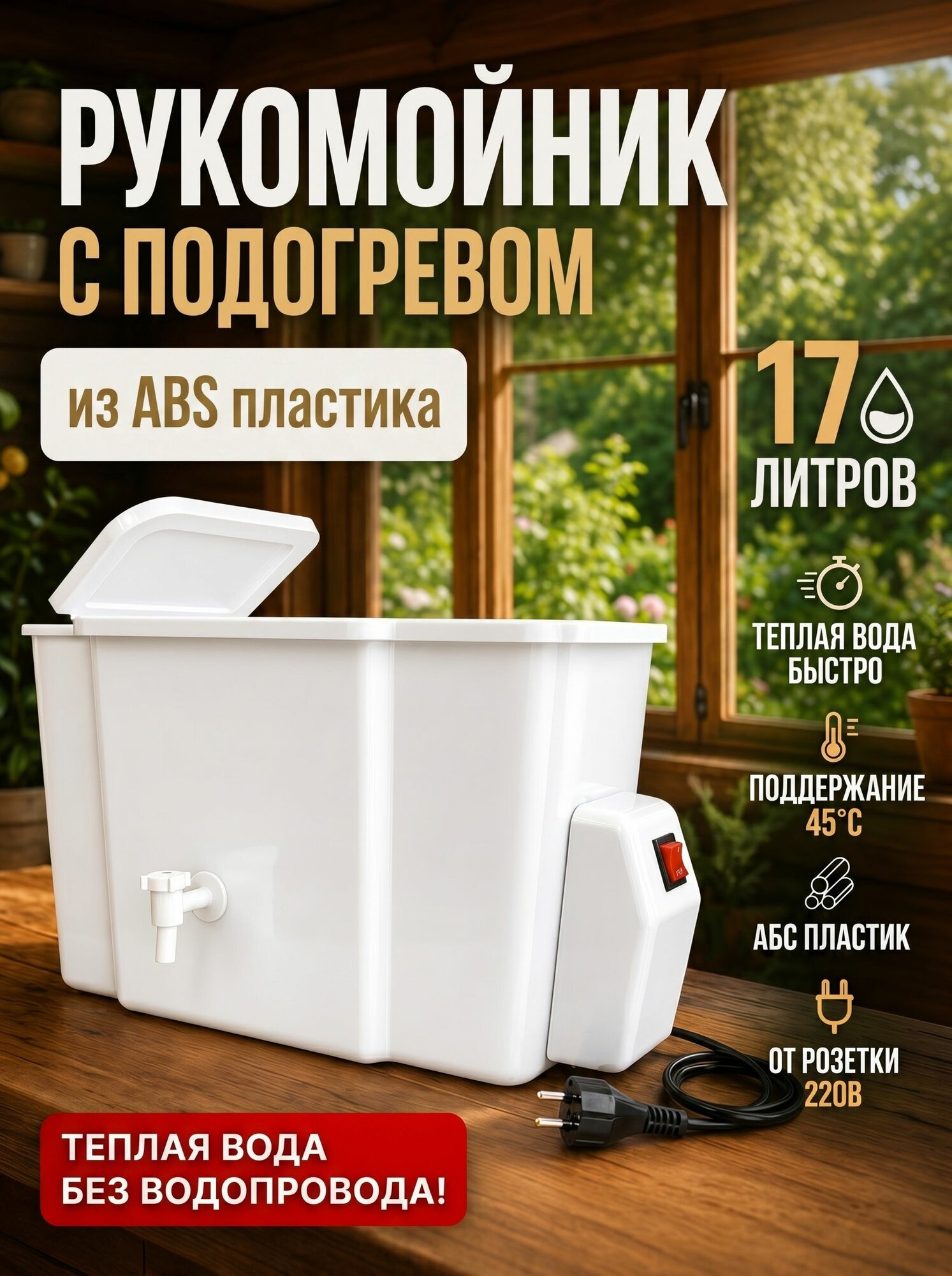 Рукомойник/Умывальник подвесной дачный с подогревом "Водолей". Пластиковый