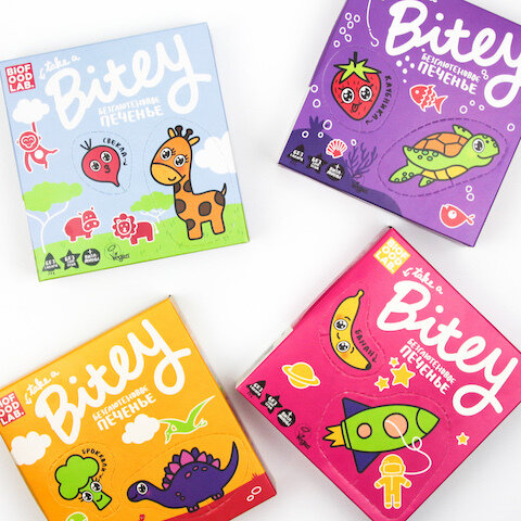 Печенье детское Bitey Ассорти без глютена, 4 вкуса по 125гр, Клубника, Свекла, Брокколи, Банан