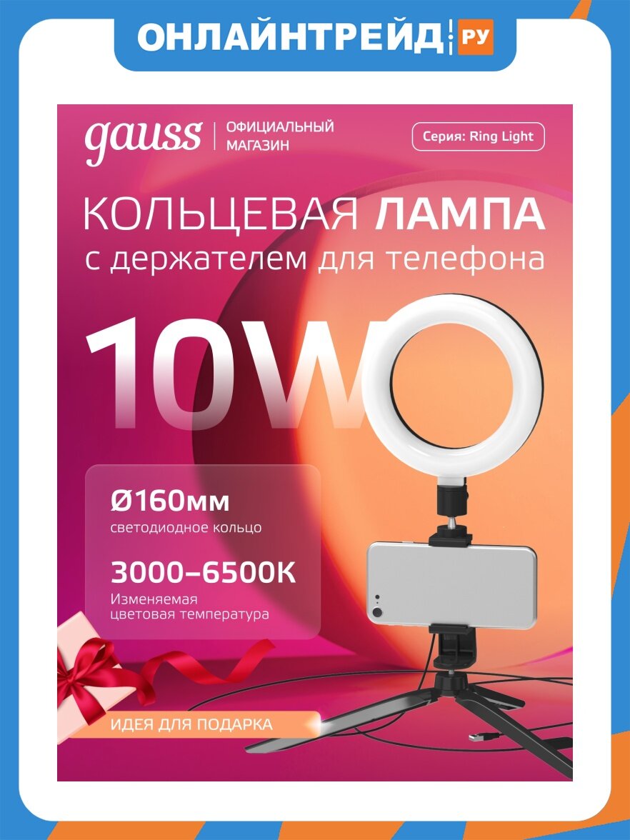 Кольцевая светодиодная лампа Gauss с комплектом креплений для установки телефона. 16 см.