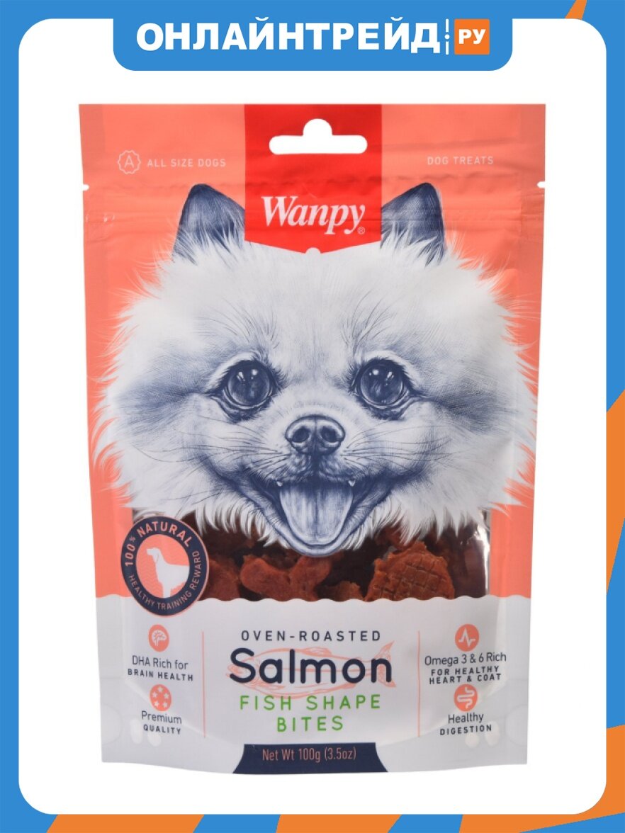 Лакомство Wanpy Dog кусочки из нежного лосося в форме рыбок 100 г.