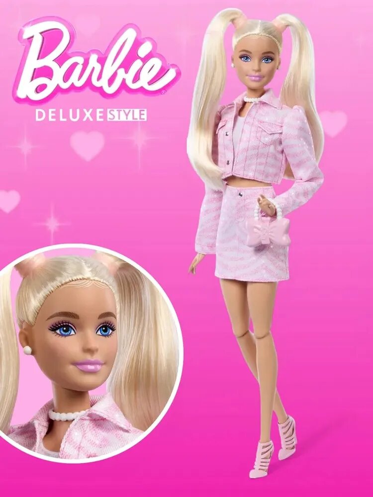 Barbie Deluxe Style Doll #9 JJN69 / Игрушка для девочек: модная кукла Барби в розовом джинсовом комплекте с золотистыми хвостиками - отличный подарок на день рождения.