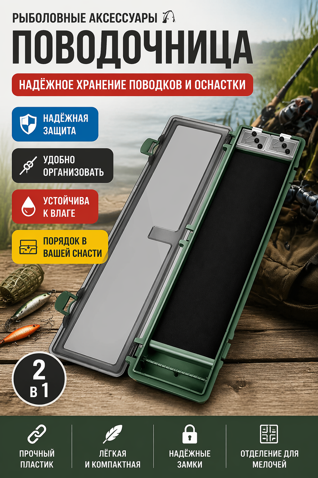 Поводочница зеленая прочная с булавками для хранения оснасток, 35 см, 12 булавок, для рыбалки, органайзер