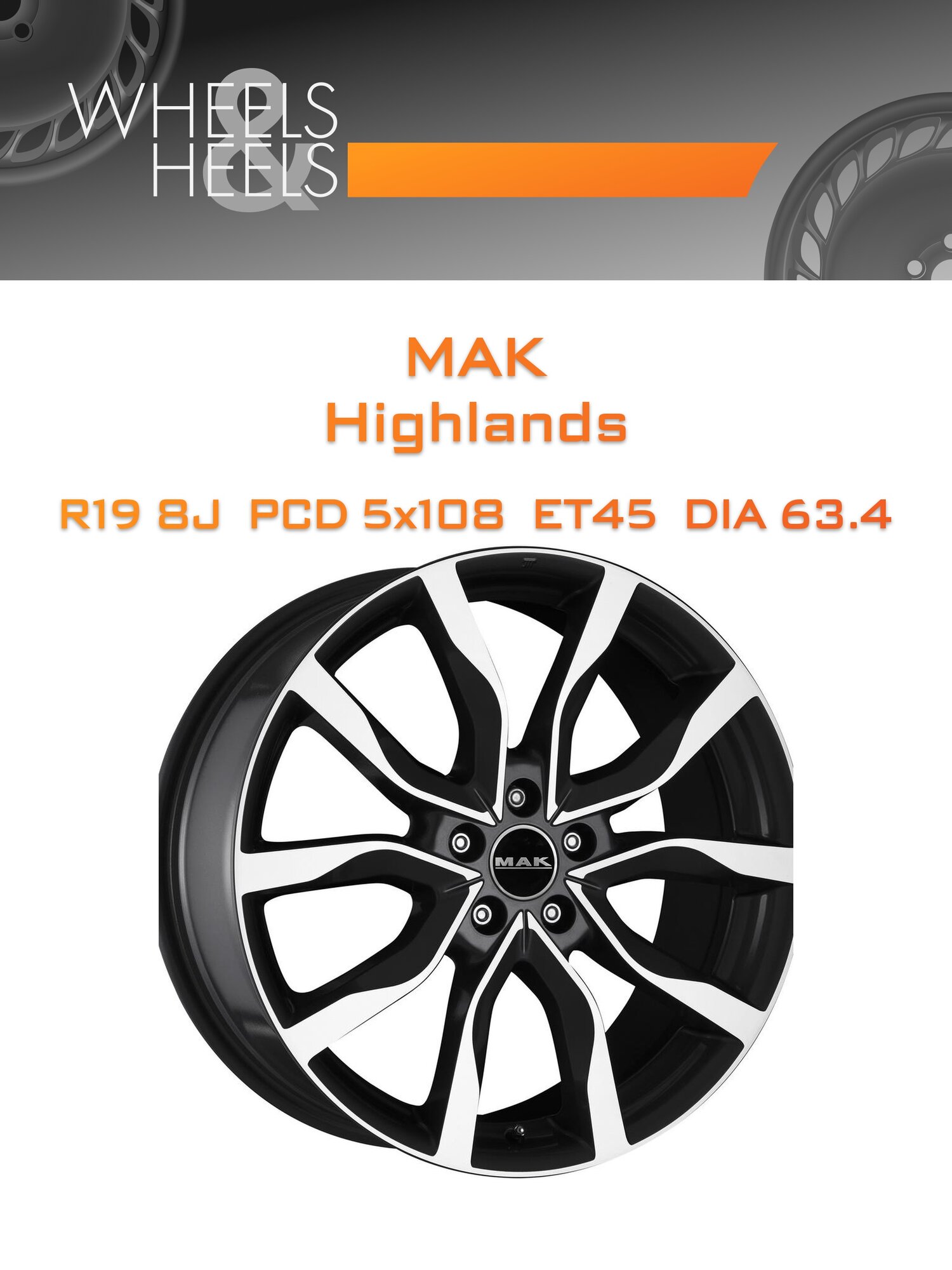 Диск автомобильный литой MAK Highlands 19x8 5x108 et45 dia63.4 Чёрный глянцевый с полированной лицевой частью