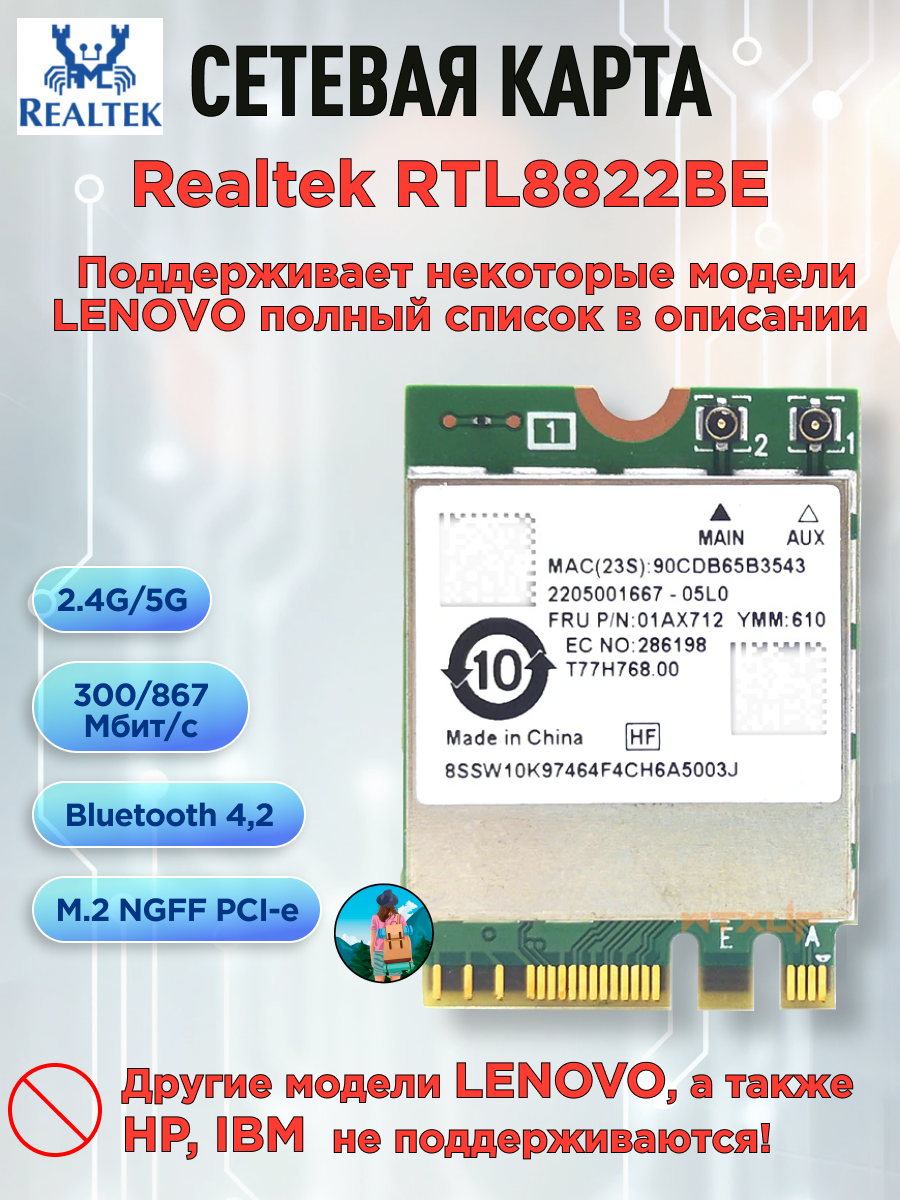 Двухдиапазонная сетевая карта Realtek RTL8822BE - Lenovo, 5G 4,0 Bluetooth NGFF M2