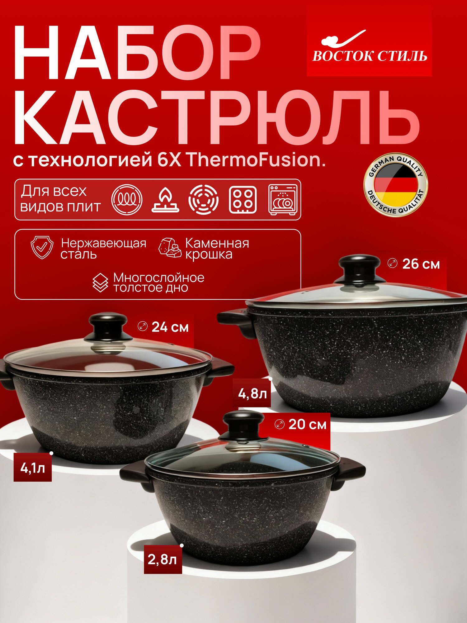 Набор кастрюль 3 в 1, казанков с крышкой с антипригарным покрытием из нержавеющей стали, для всех типов плит / Объёмы: 2.8 л; 4.1 л; 4.8 л
