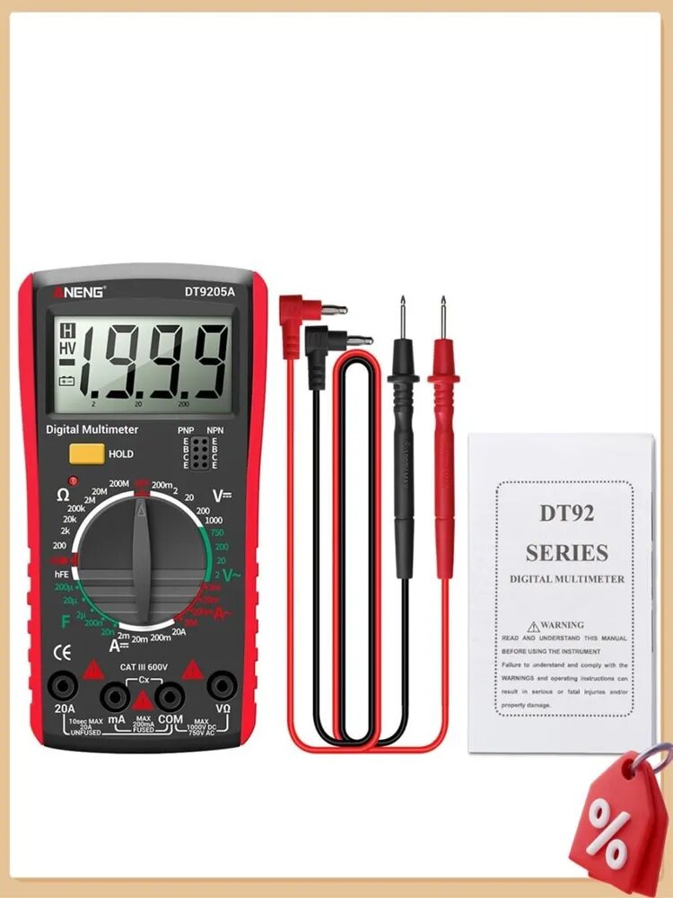 F1ANENG DT9205A Цифровой мультиметр Тестер транзисторов переменного / постоянного тока Электрический измеритель NCV Профессиональный аналоговый автоматический диапазон Красный