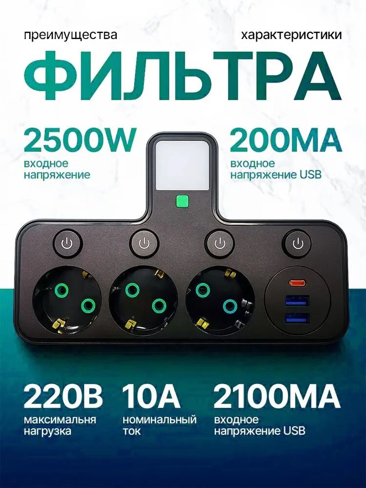 Розетка накладная четырехместная открытой установки электрическая с заземлением, С подсветкой, USB type C