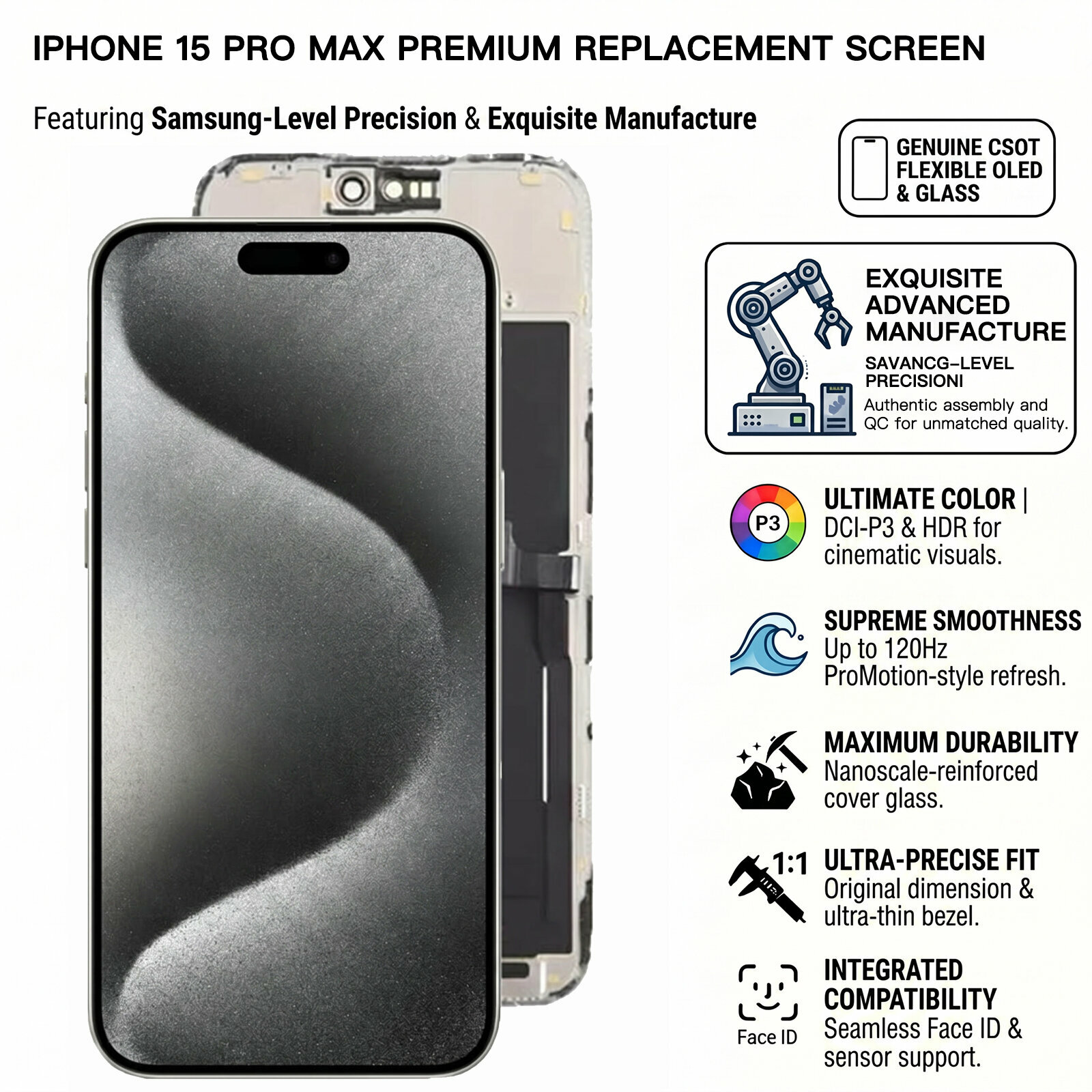Дисплей для замены iPhone 15 Pro Max, OLED Huaxing + передовая герметизация, с переносом IC, без Face ID