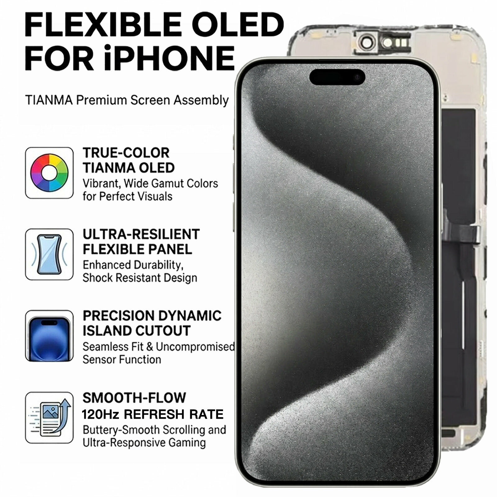 Дисплей Tianma, для iPhone 15 Pro Max, OLED, 120Гц, Face ID, True Tone