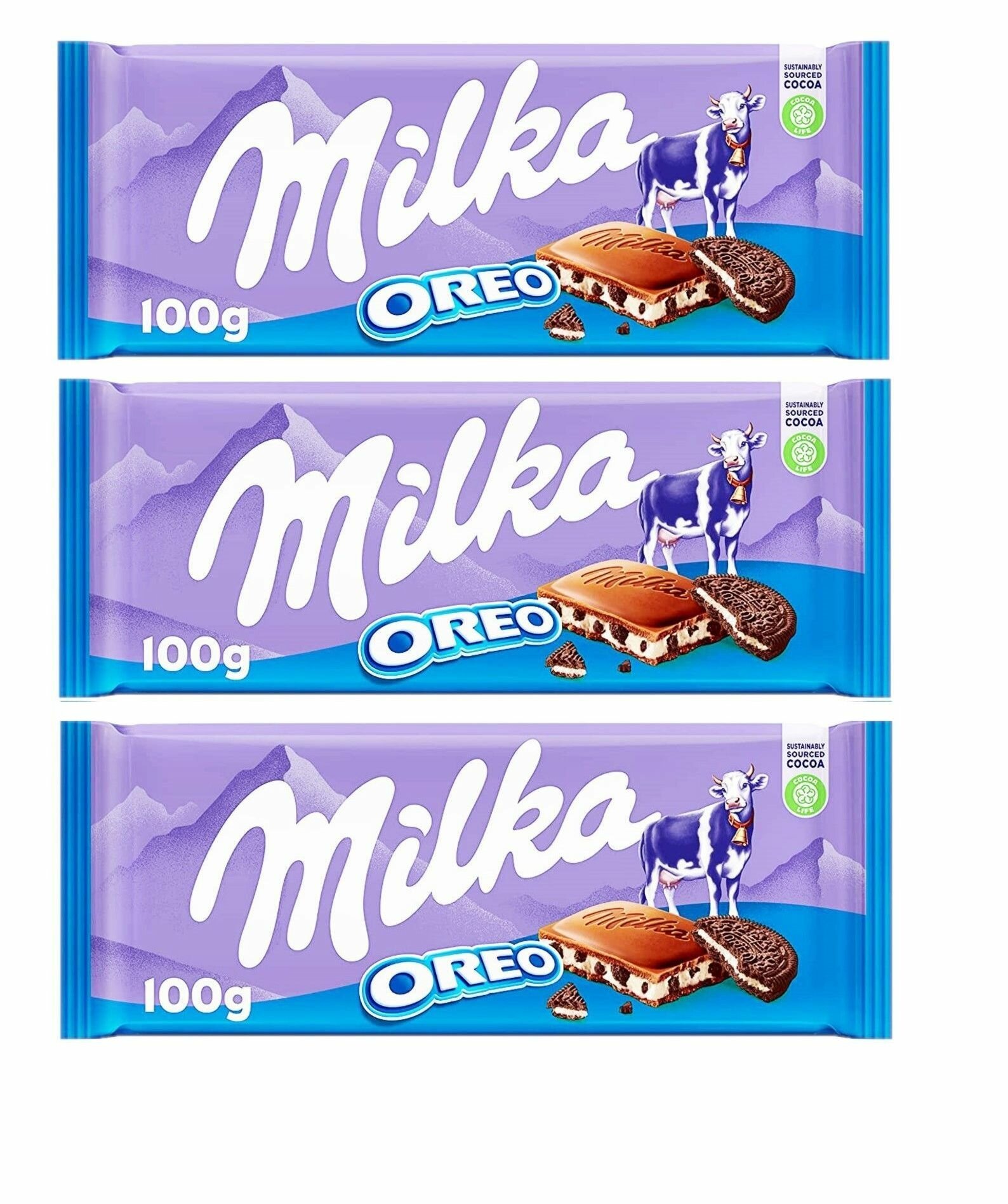 Шоколадная плитка Milka Oreo с кусочками печенья Орео, 3 шт. по 100 гр. (Швейцария)
