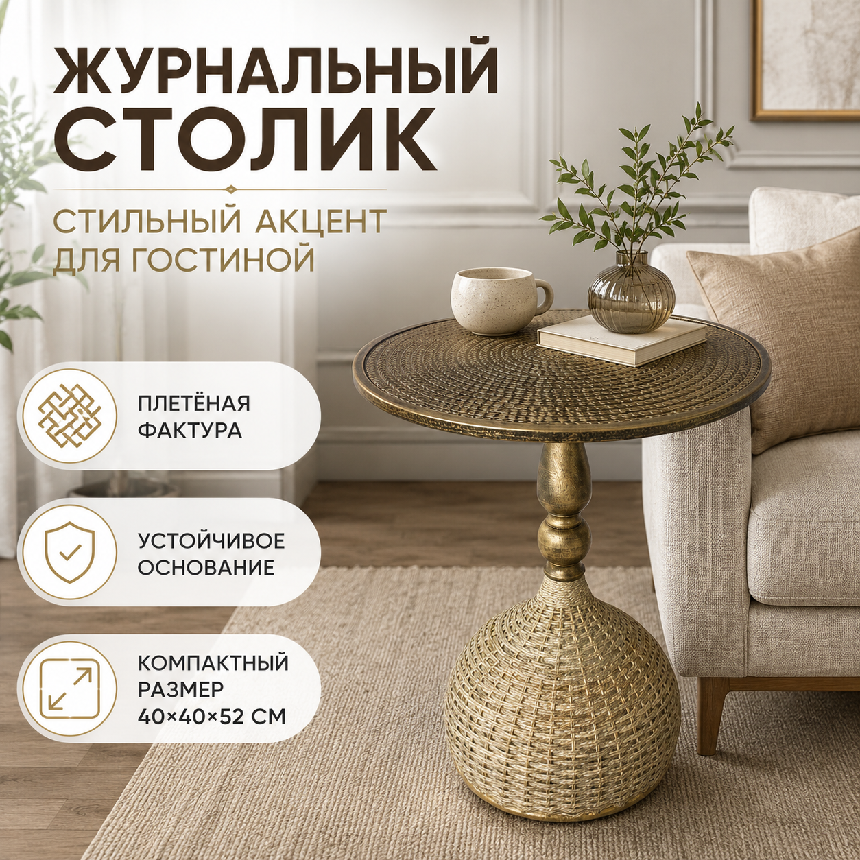 Журнальный столик из ротанга винтажный золотой 40×40×52 см, приставной столик у дивана