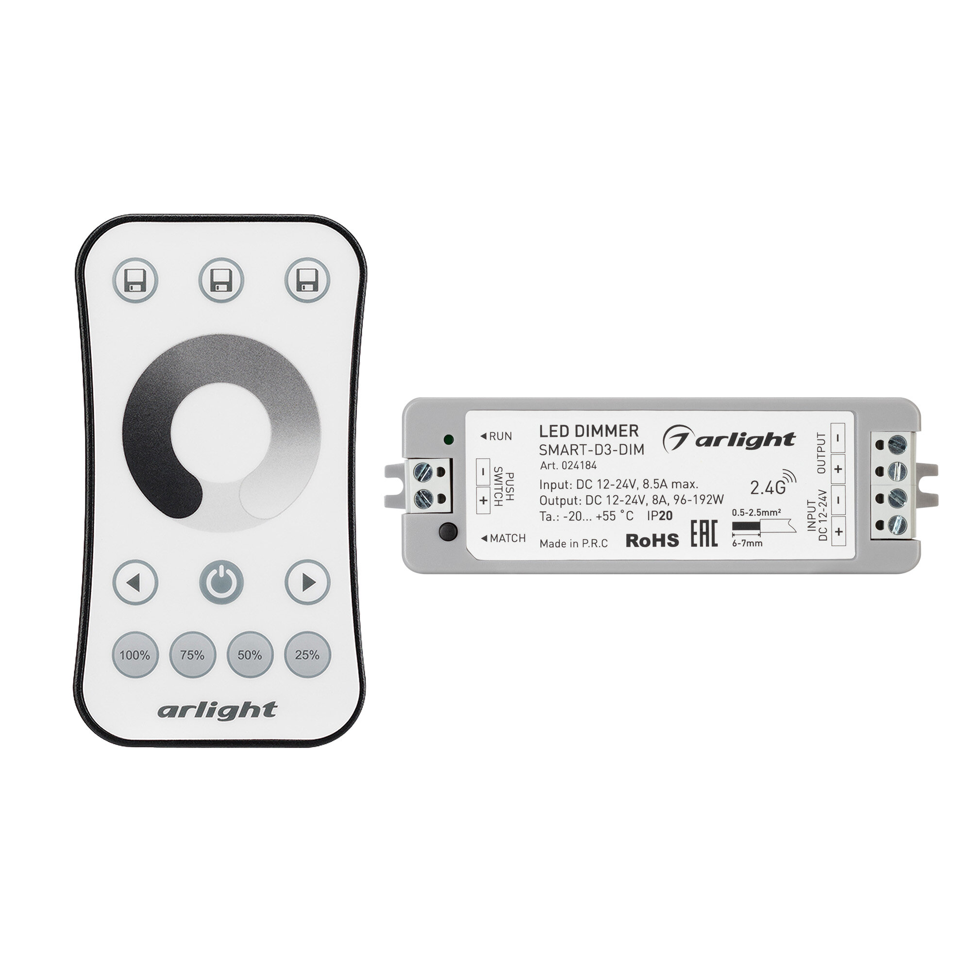 Диммер SMART-DIM-SET-RING (12-24V, 1x8A, ПДУ 2.4G) (Arlight, IP20 Пластик, 5 лет) 034786