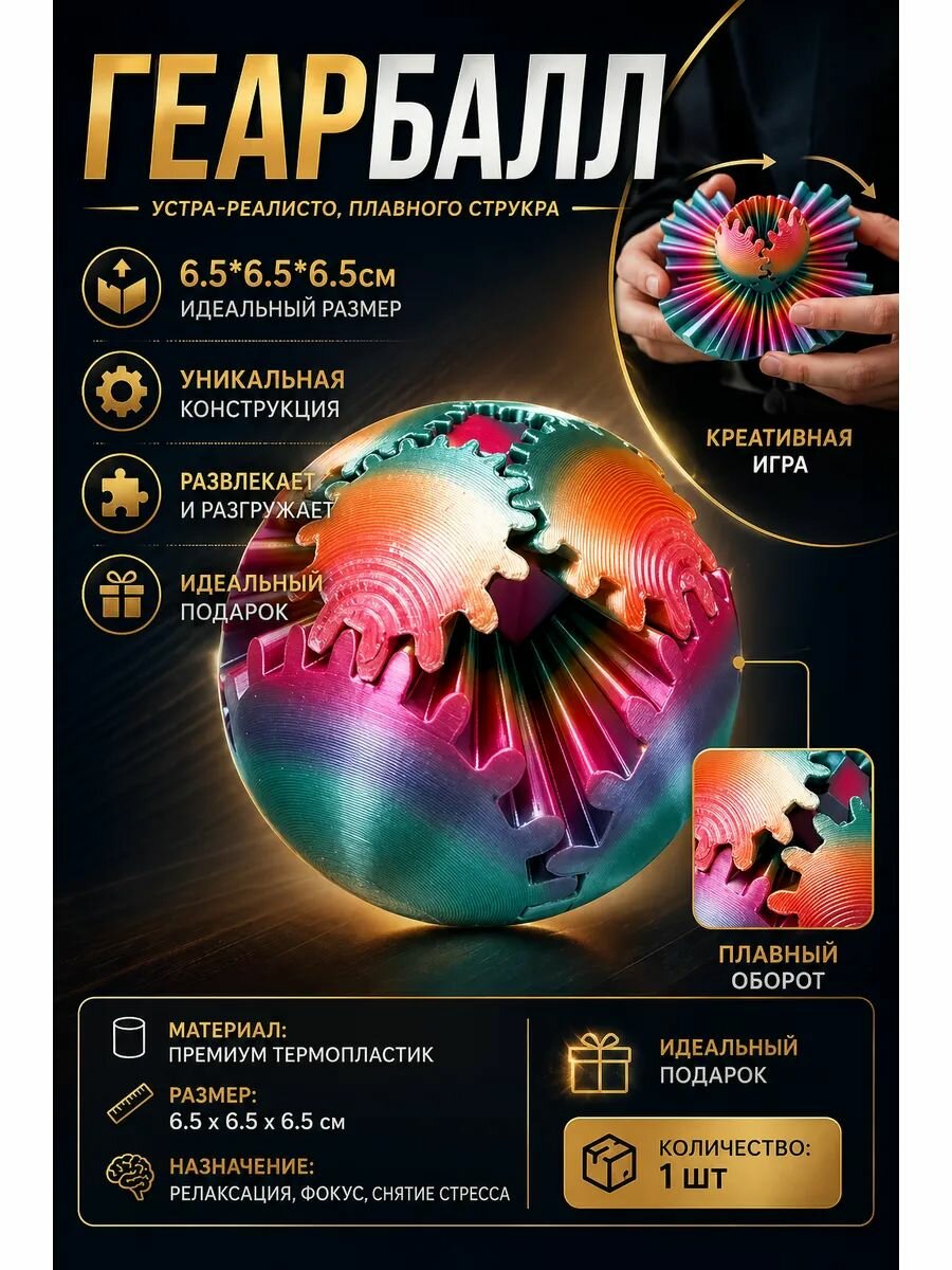 6.5 cm 3D-печатное объемное вращающееся шестеренчатое антистресс-шарикообразное игрушение