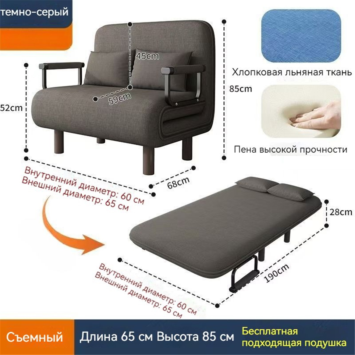 Раскладушка 65х68х85 см складная туристическая с матрасомМеталлическая раскладушка для дачи, отдыха и кемпинга-серый