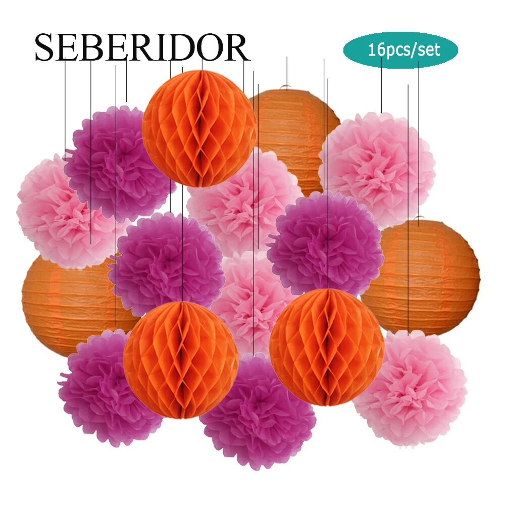 Бумажные фонарики для праздника, 16 штук Оранжевый, Orange Rose Pink, Medium-10inch(25cm)