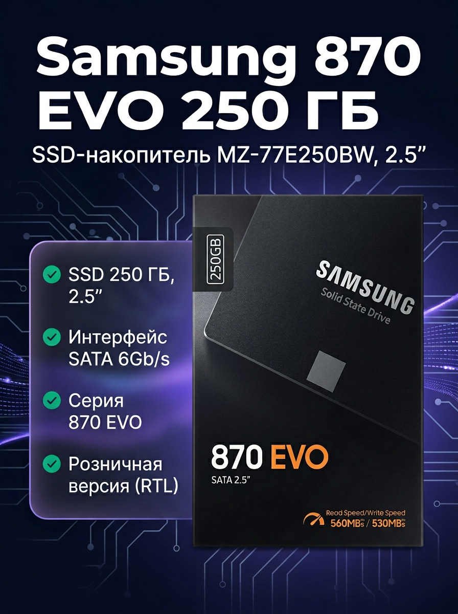 SSD Samsung 870 EVO MZ-77E250B, 250 ГБ, SATA 6 Гбит/с, 2.5 дюйма