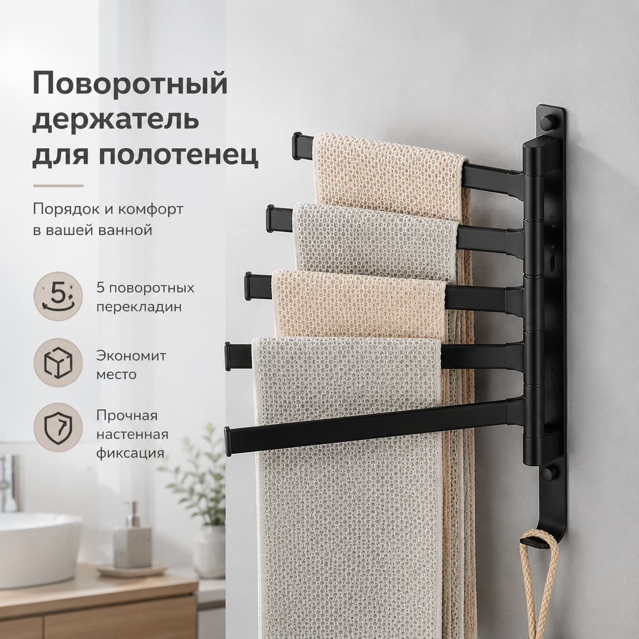 Держатель для полотенец в ванную 5 уровней / вешалка для полотенец поворотная черная