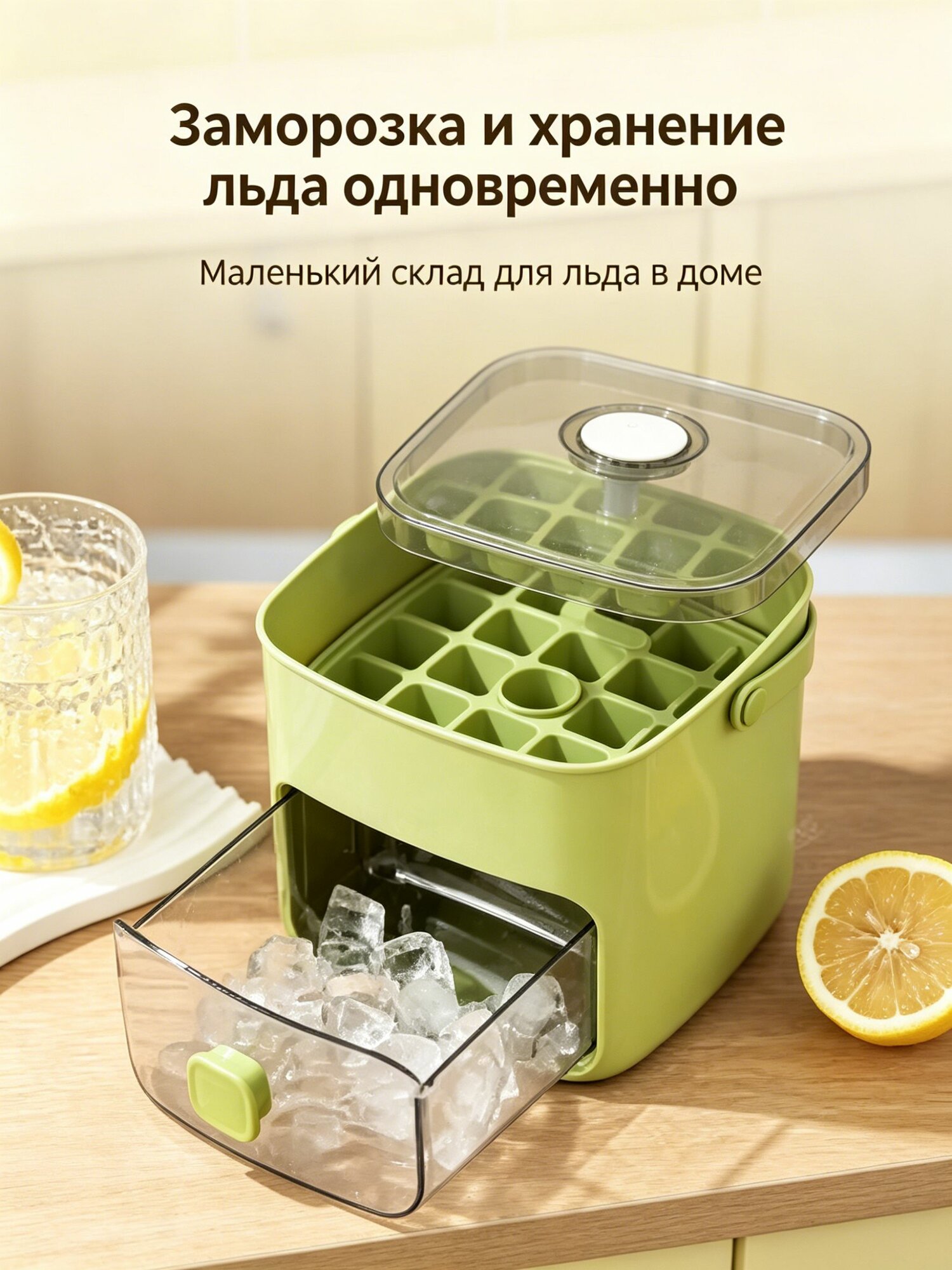 Форма для льда "Контейнер для льда 2 в 1 с крышкой и ручкой", 1 яч, 1 шт