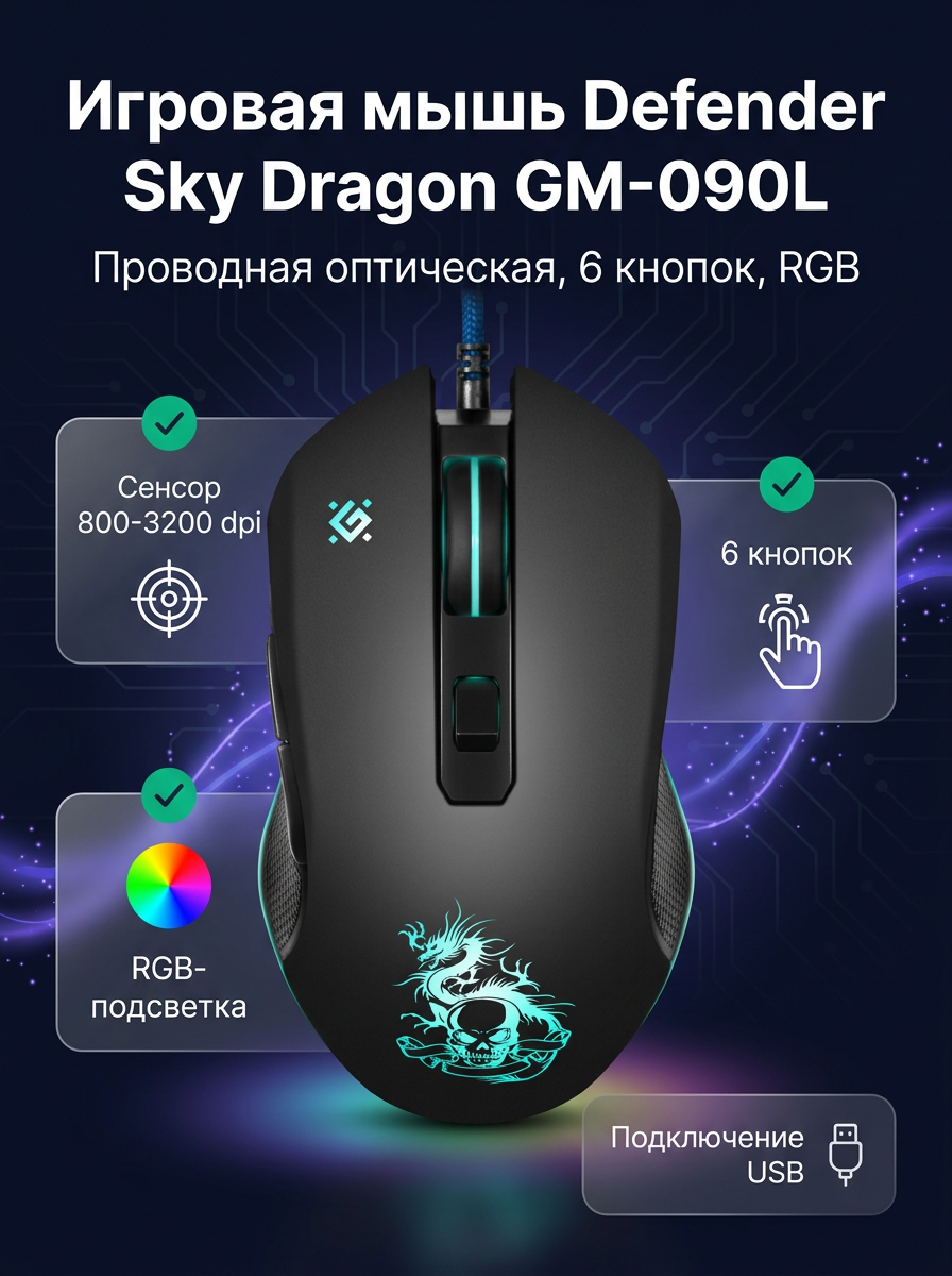 Мышь проводная игровая Defender Sky Dragon GM-090L, оптическая, 800-3200 dpi, 6 кнопок, RGB