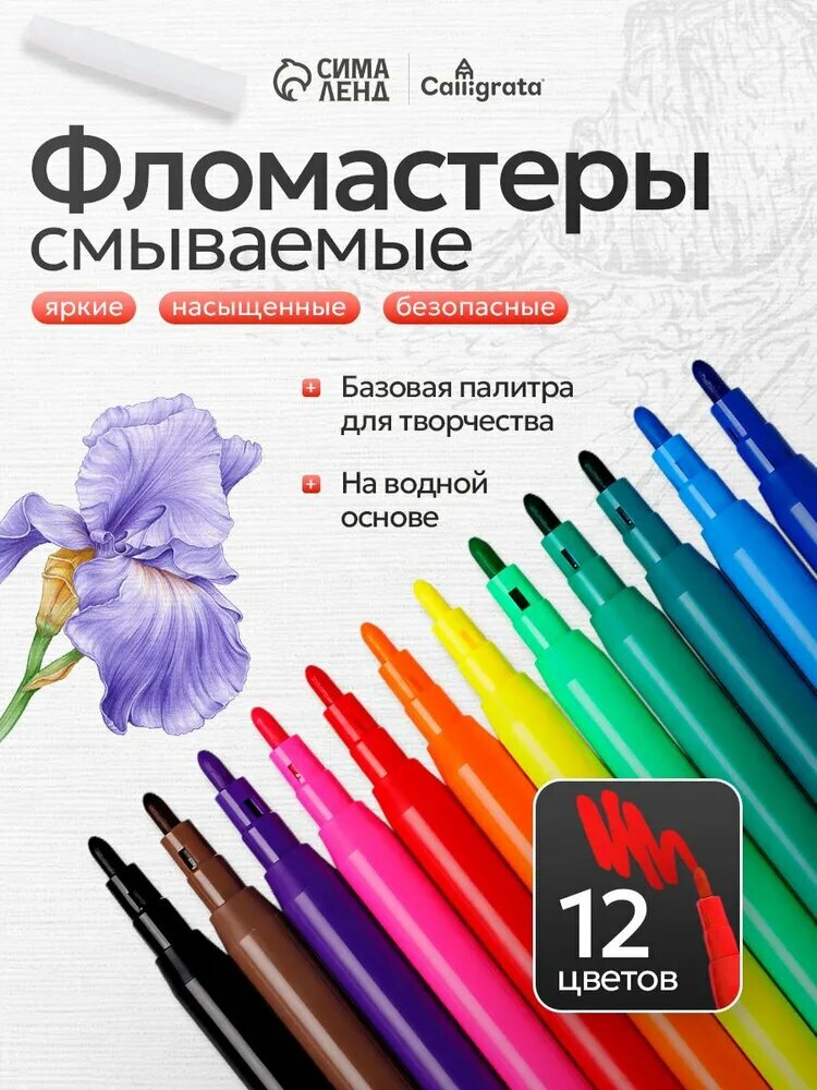 Фломастеры для рисования смываемые, 12 цветов, на водной основе